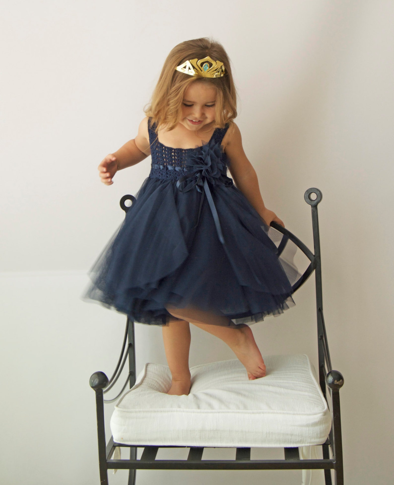 Navy Blue Tulle Dress With Empire Waist And Stretch Crochet Etsy