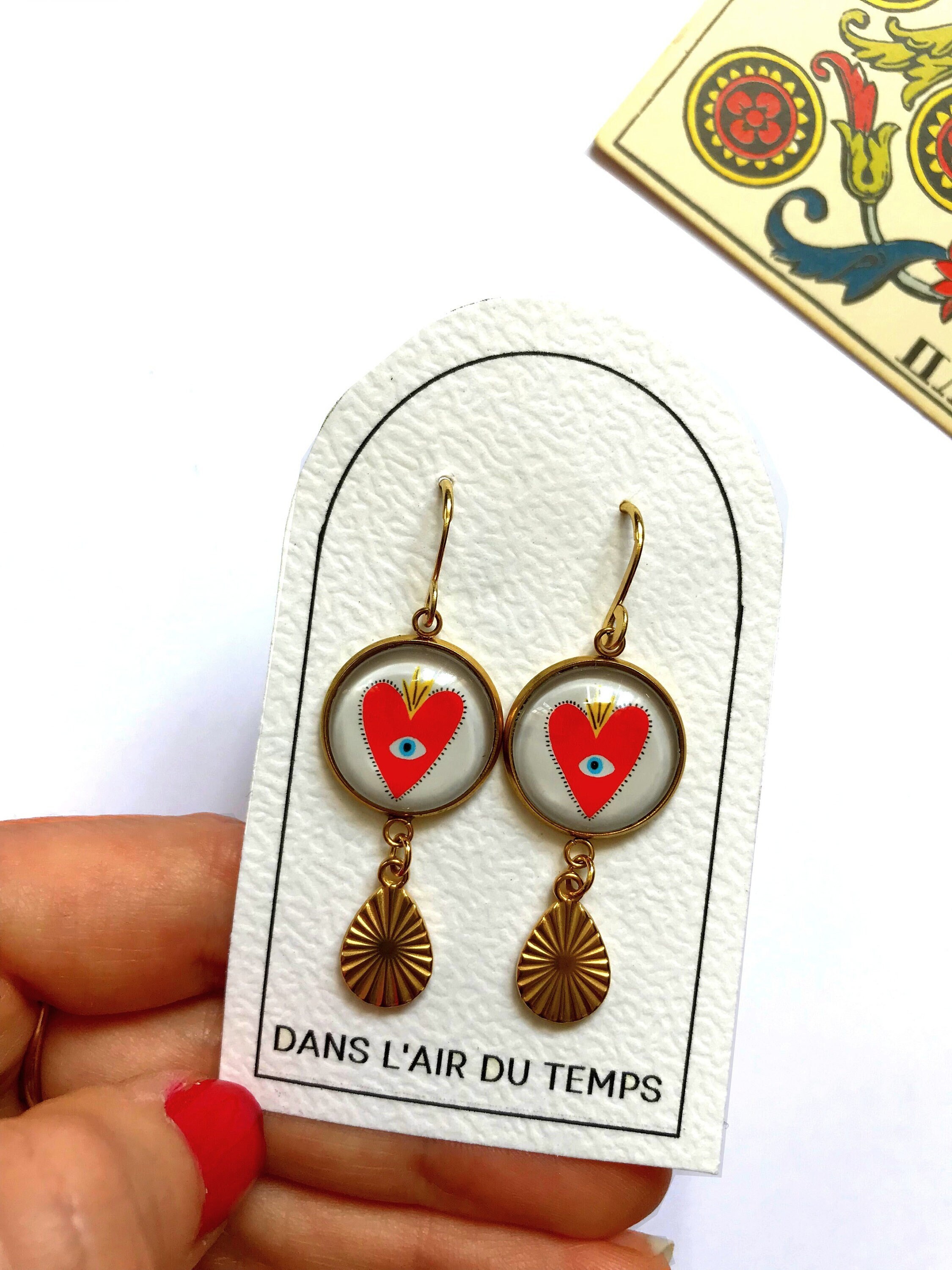 SACRED HEART EARRINGS Statement Earrings Heart Earrings Red and Gold Sacred Heart All Seeing Eye Gift for Girlfriend Heart Gift Etsy