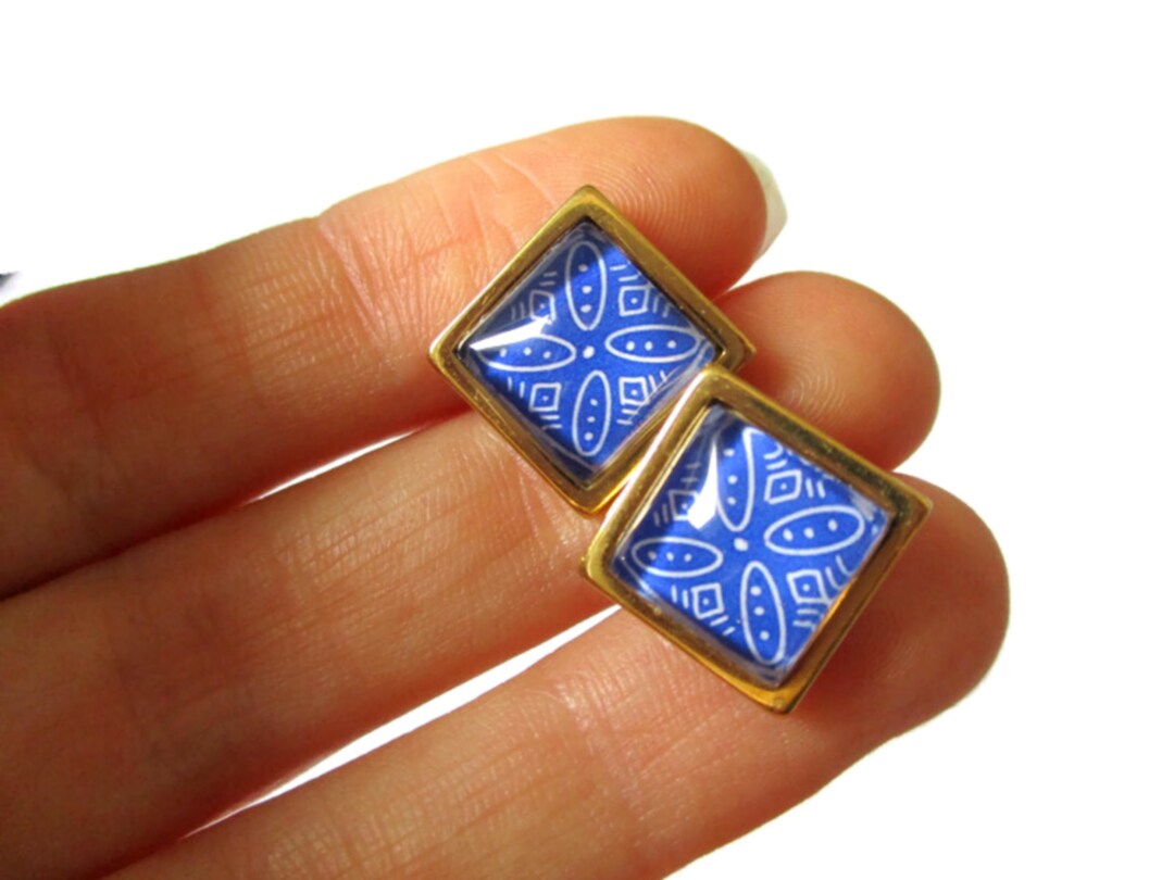 Square EARRINGS, Blue Pattern Stud Earrings, Azulejos Posts, Spring ...