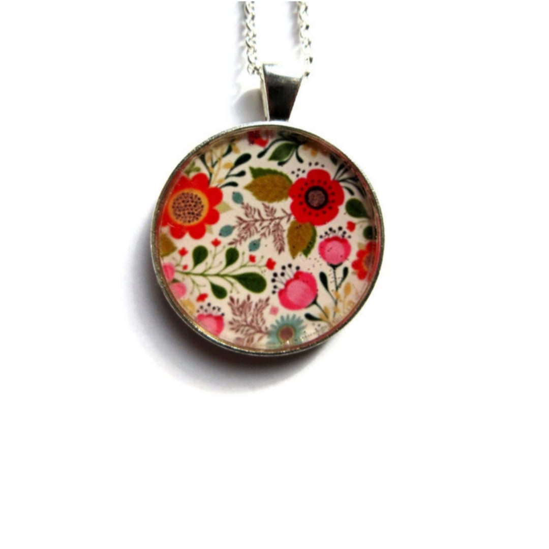 FLOWER NECKLACE - Colorful Flower - Long Chain Necklace, Floral Pendant ...
