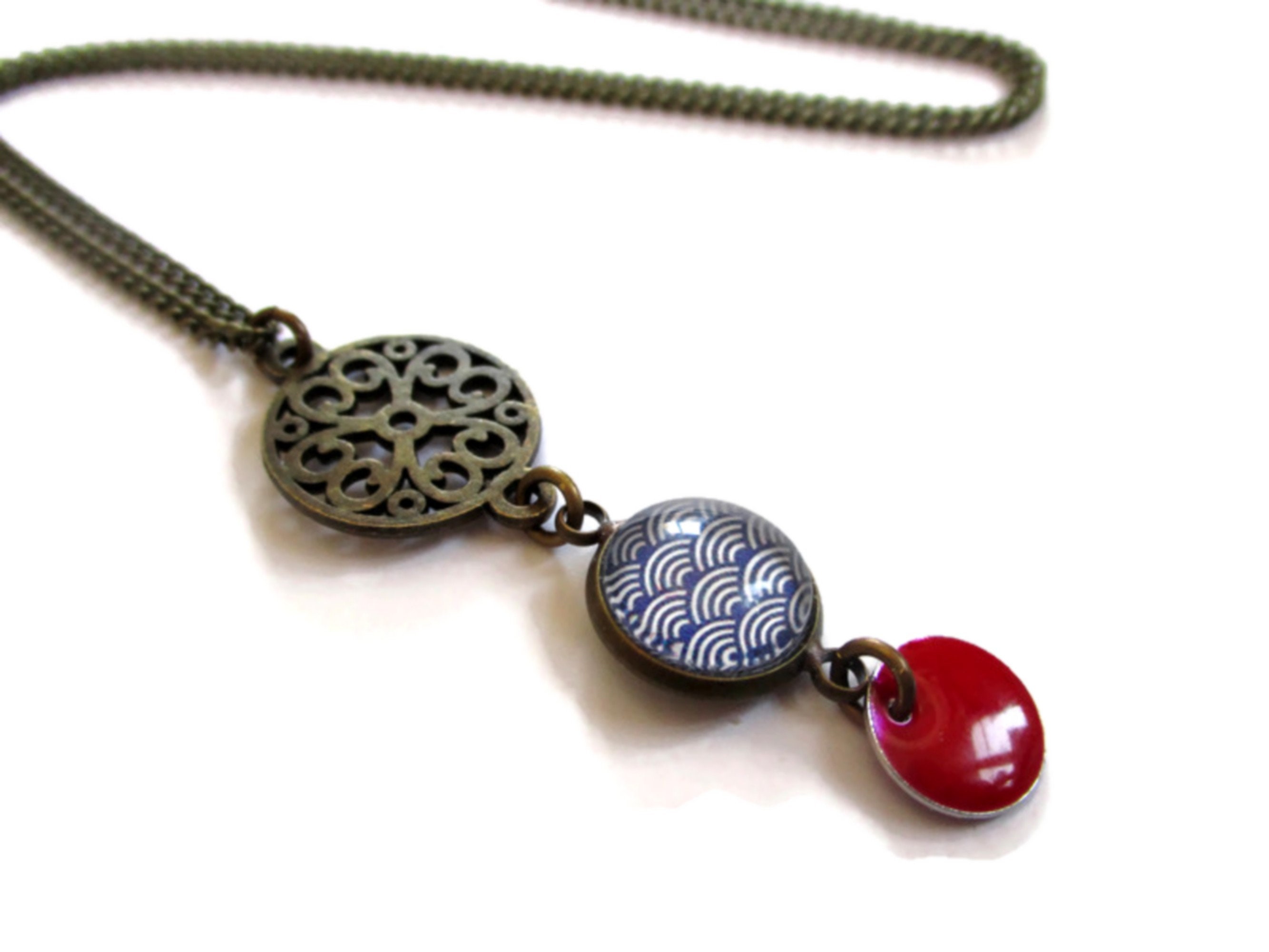 Small japanese pendant blue necklace GEOMETRIC pendant | Etsy