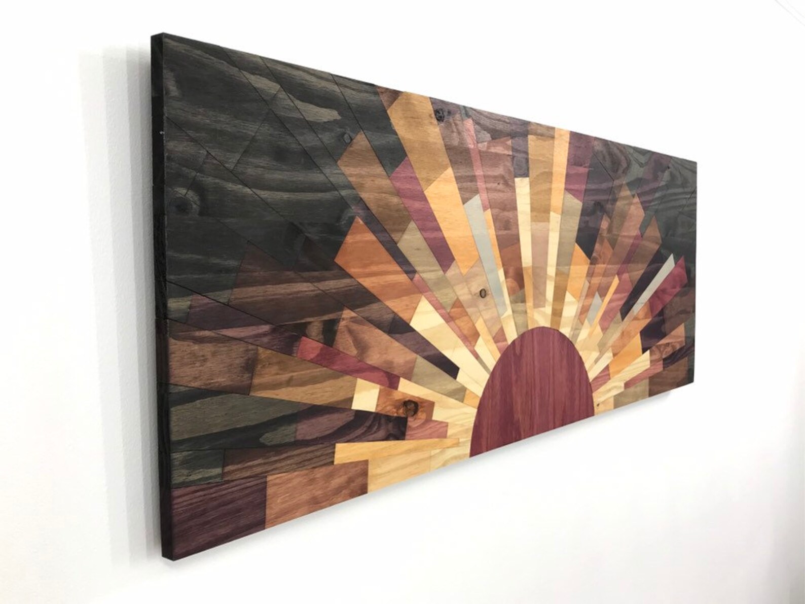 Stained wood Oak City Sunset 48x16 wood art | Etsy