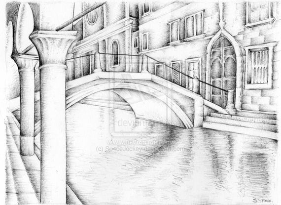 Venice Art Canal Bridge Venice Ink Drawing High Quality | Etsy UK