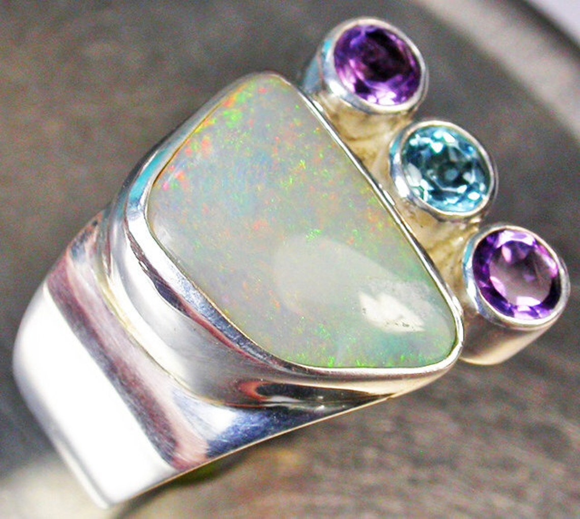 Opal Ring With Amethyst and Blue Topaz. Large Genuine Crystal Opal ...