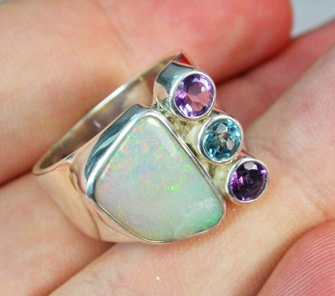 Opal Ring With Amethyst and Blue Topaz. Large Genuine Crystal Opal ...