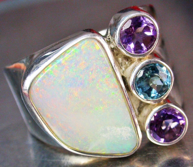 Opal Ring With Amethyst and Blue Topaz. Large Genuine Crystal Opal ...