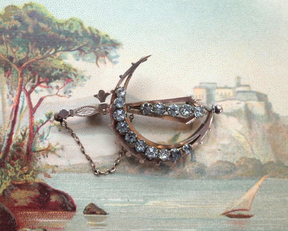 Antique Rhinestone Crescent Moon And Sword Brooch Watch… Gem