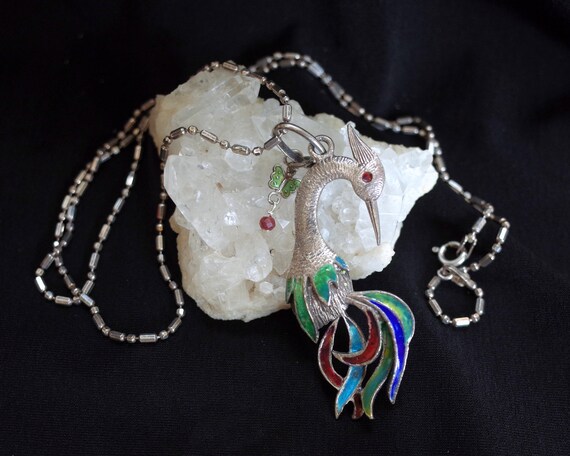 Vintage Enamel Sterling Silver Crane Bird and Butter… - Gem