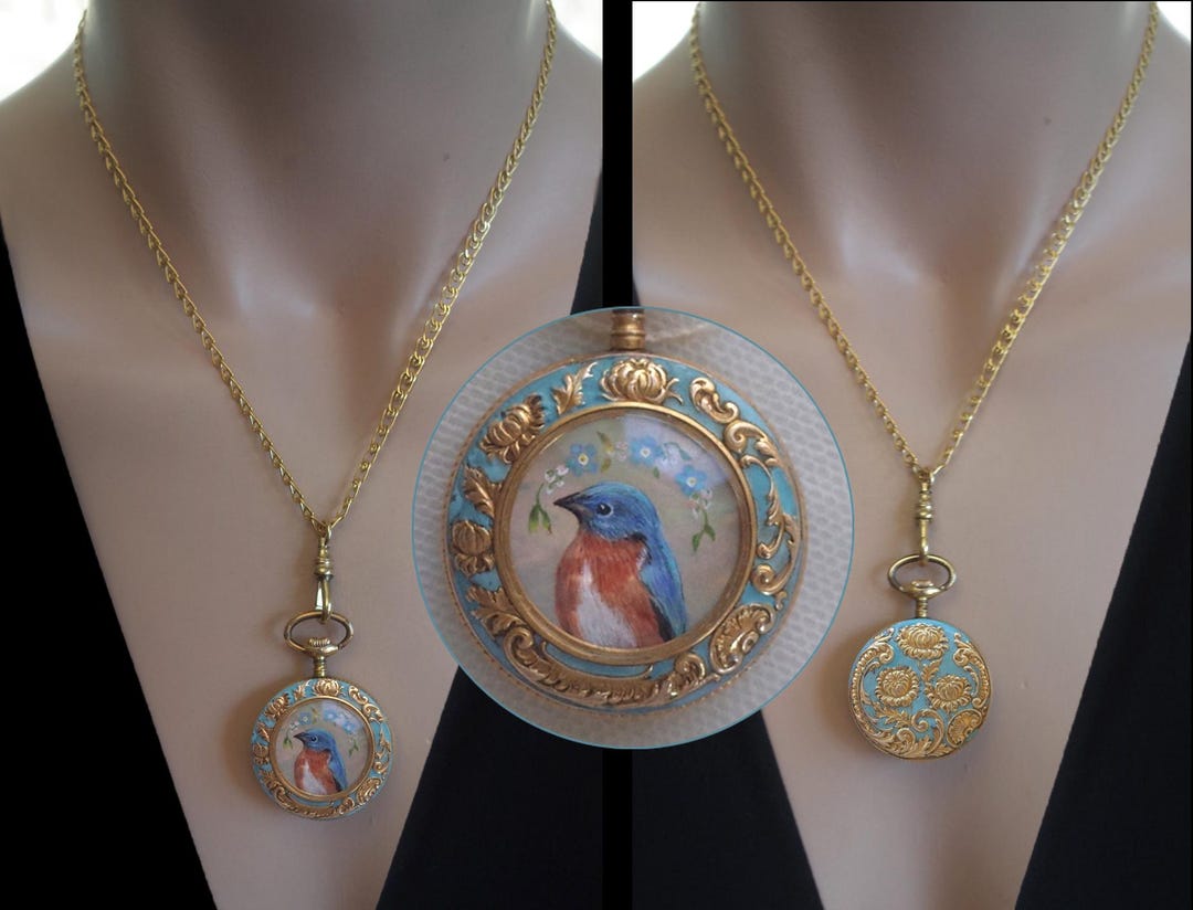 Antique Hand Painted Bluebird Forget Me Not on Mother of Pearl Blue ...
