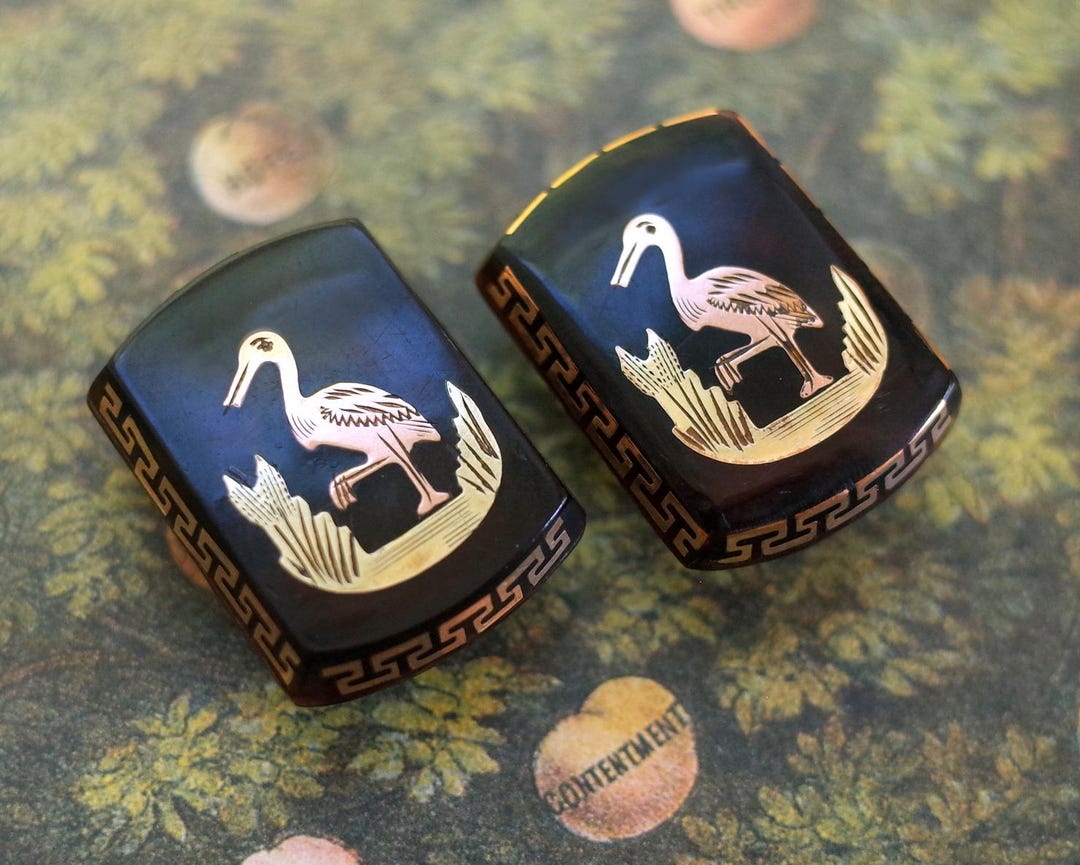 Victorian Tortoiseshell Pique Cufflinks Birds Inlaid With Yellow & Rose ...