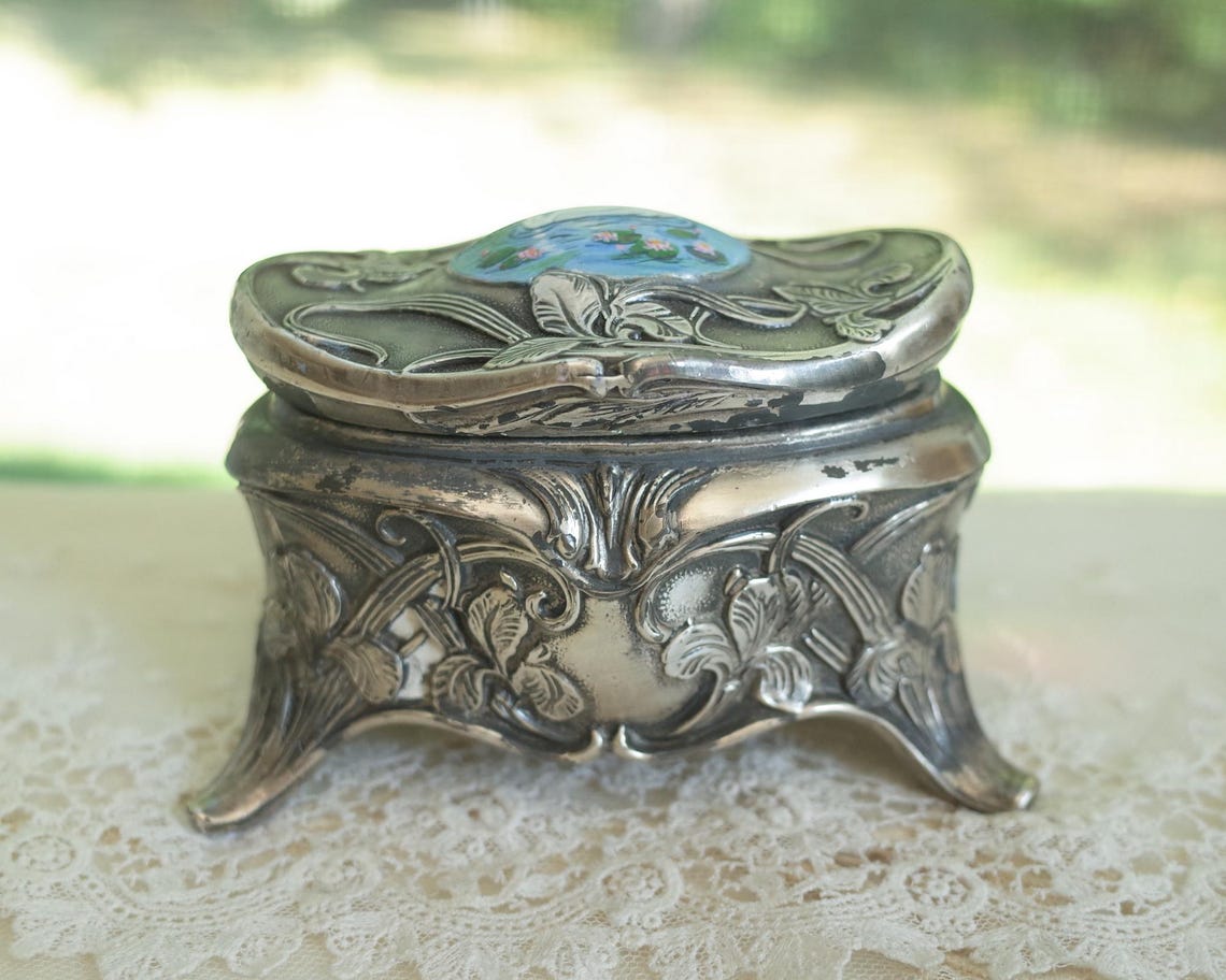 Antique Silver Jewelry Casket Box - Hand Painted Swan & Water Lilies ...