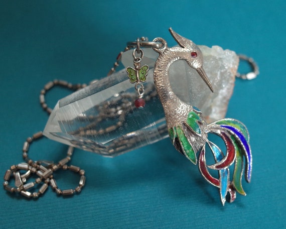 Vintage Enamel Sterling Silver Crane Bird and Butter… - Gem
