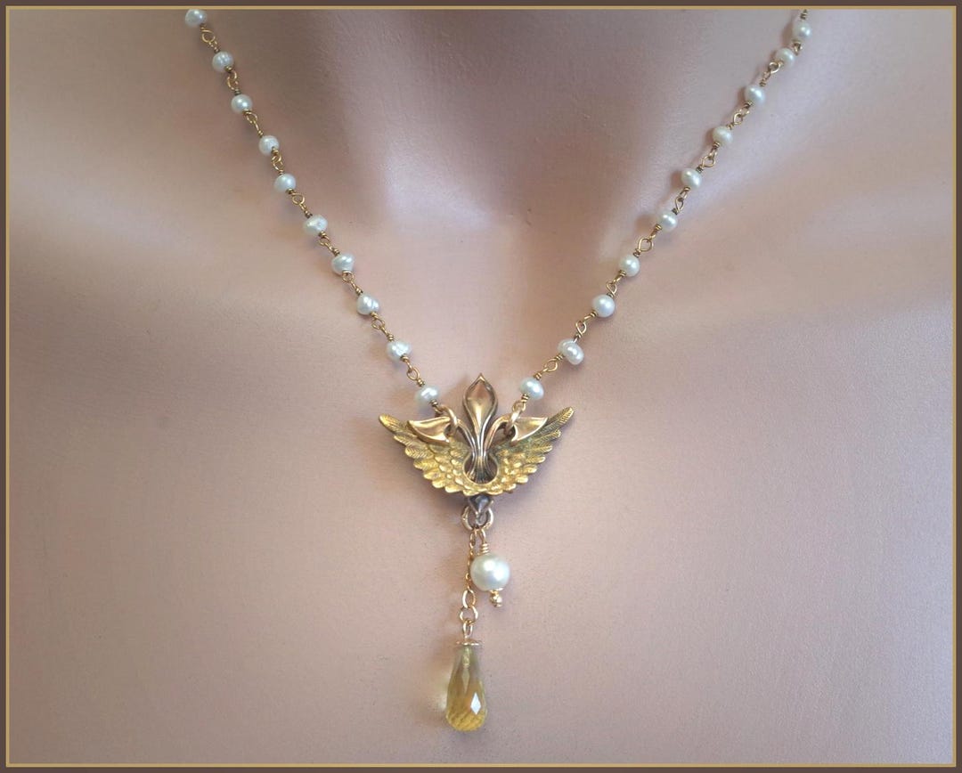 Antique Gold Filled Victorian Angel Wings Connector With Lemon Quartz ...