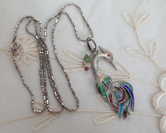 Vintage Enamel Sterling Silver Crane Bird and Butter… - Gem
