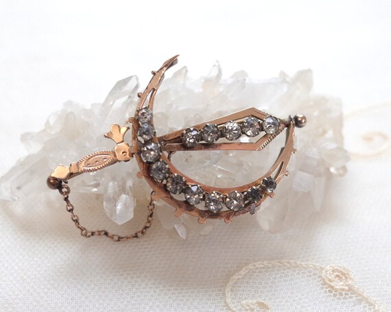 Antique Rhinestone Crescent Moon And Sword Brooch Watch… Gem