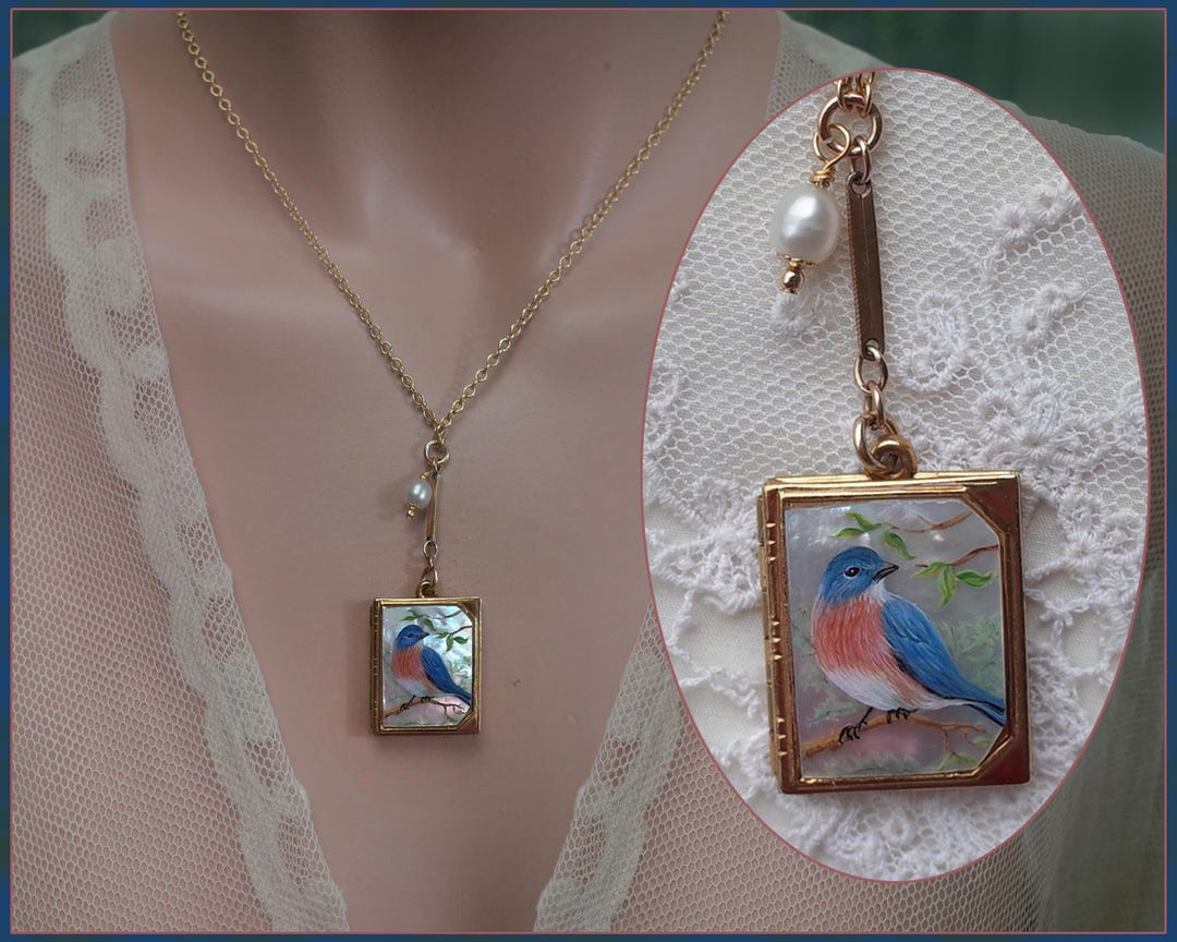 Vintage Hand Painted Bluebird Book Locket Necklace . Miniature Painting ...