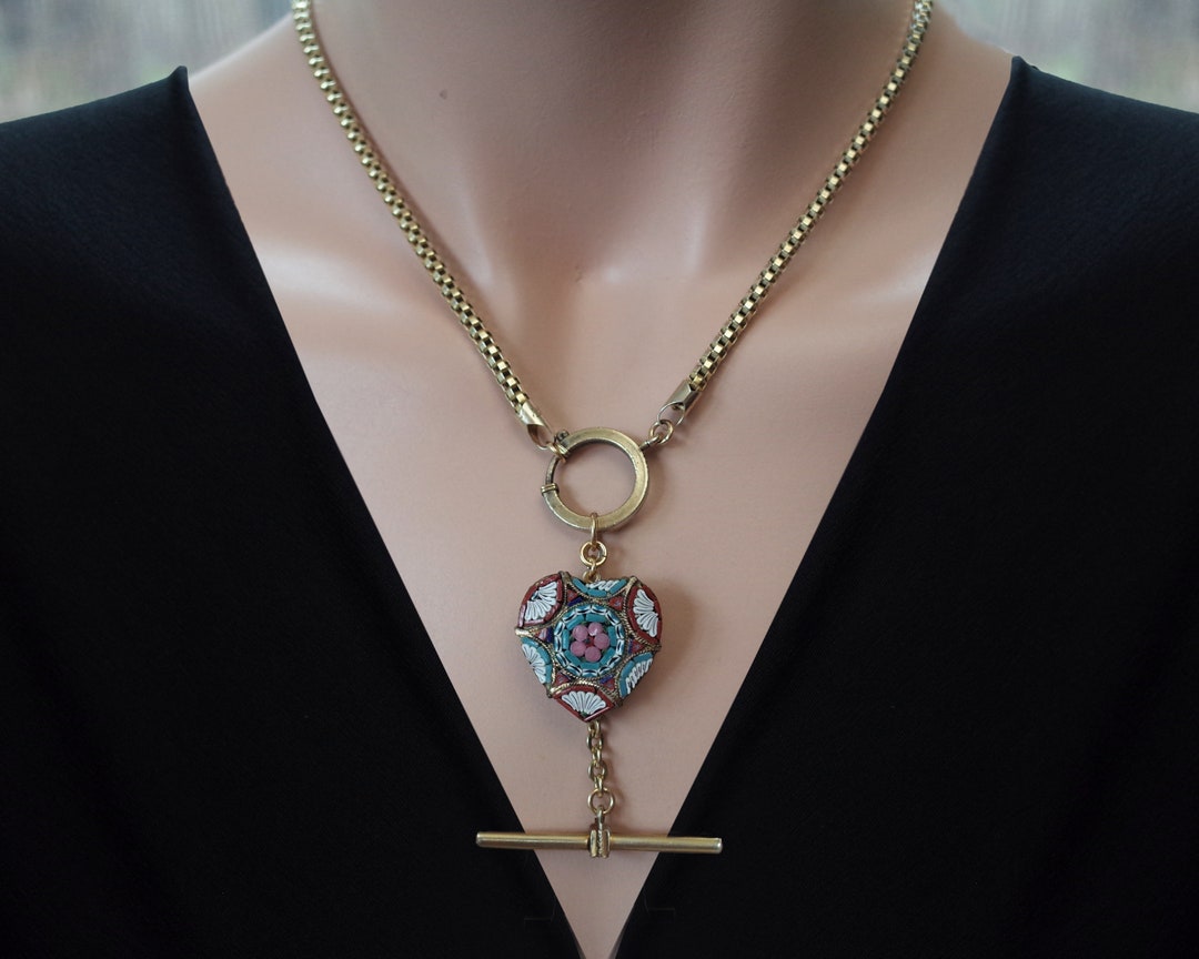 Vintage Micro Mosaic Heart Fob & T-bar Front Closure Necklace- Antique ...