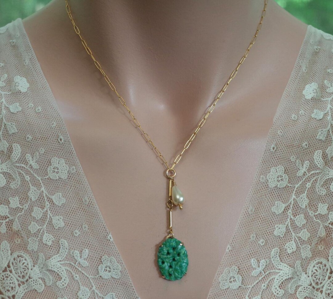 Vintage Van Dell Gold Filled Carved Jade Green Glass Floral Pendant ...