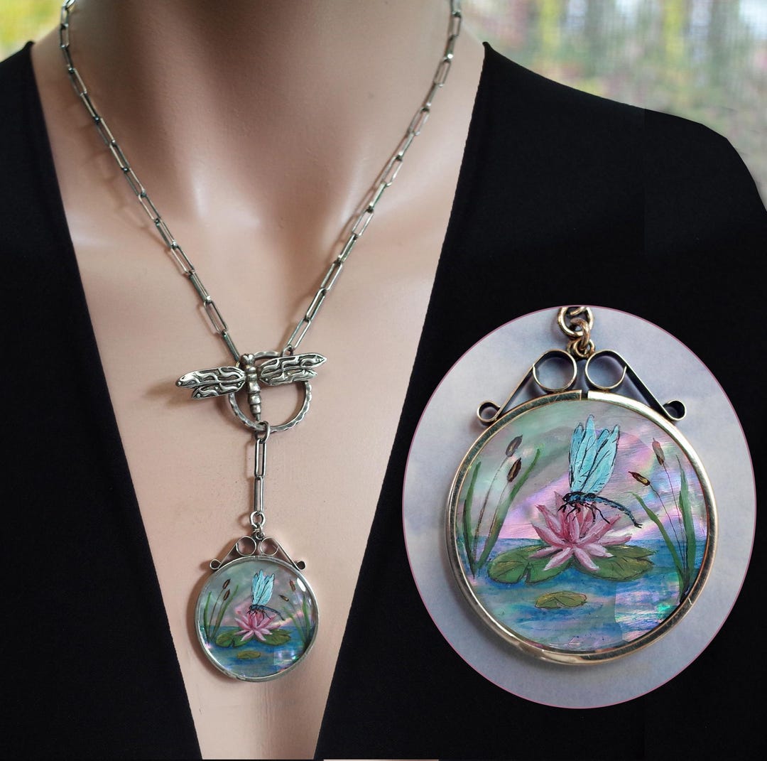 Hand Painted Dragonfly, Waterlily, Cattails, Necklace on Sterling ...