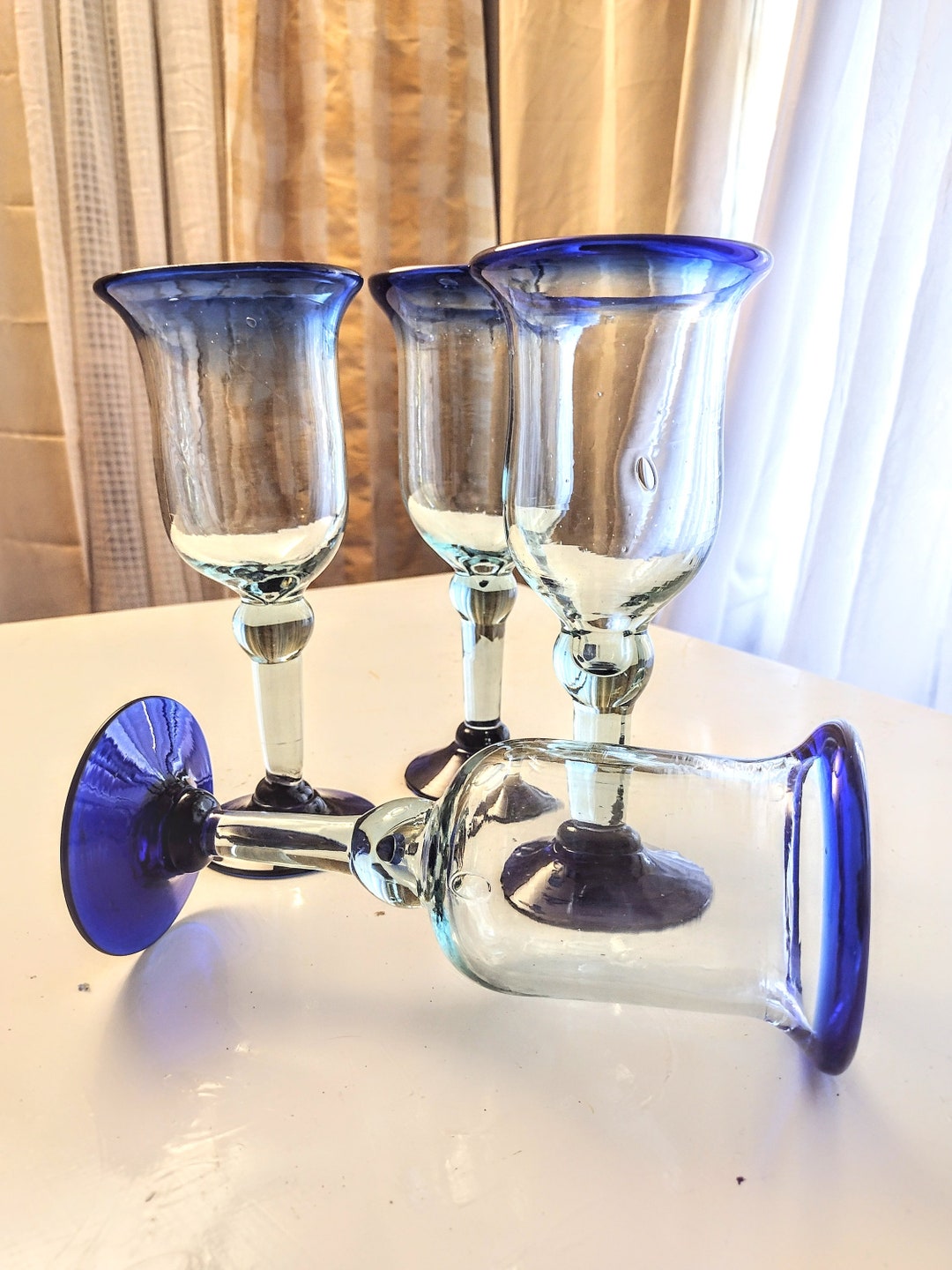 Set of 4 Vintage Mexican Hand Blown Glass Water Wine Goblet Cobalt Blue ...