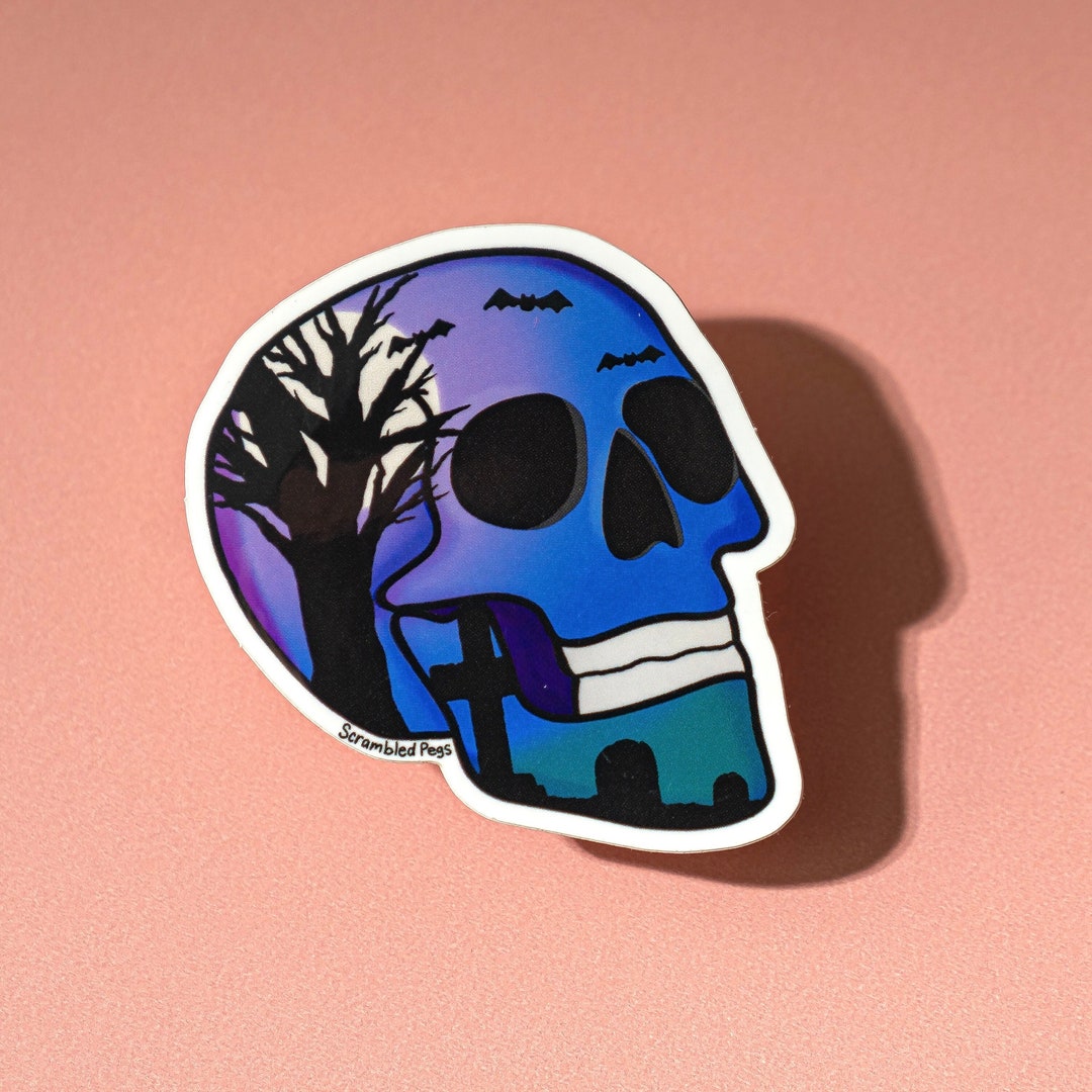 Halloween Spooky Skull Cemetery Scene Purple Blue Waterproof Sticker ...