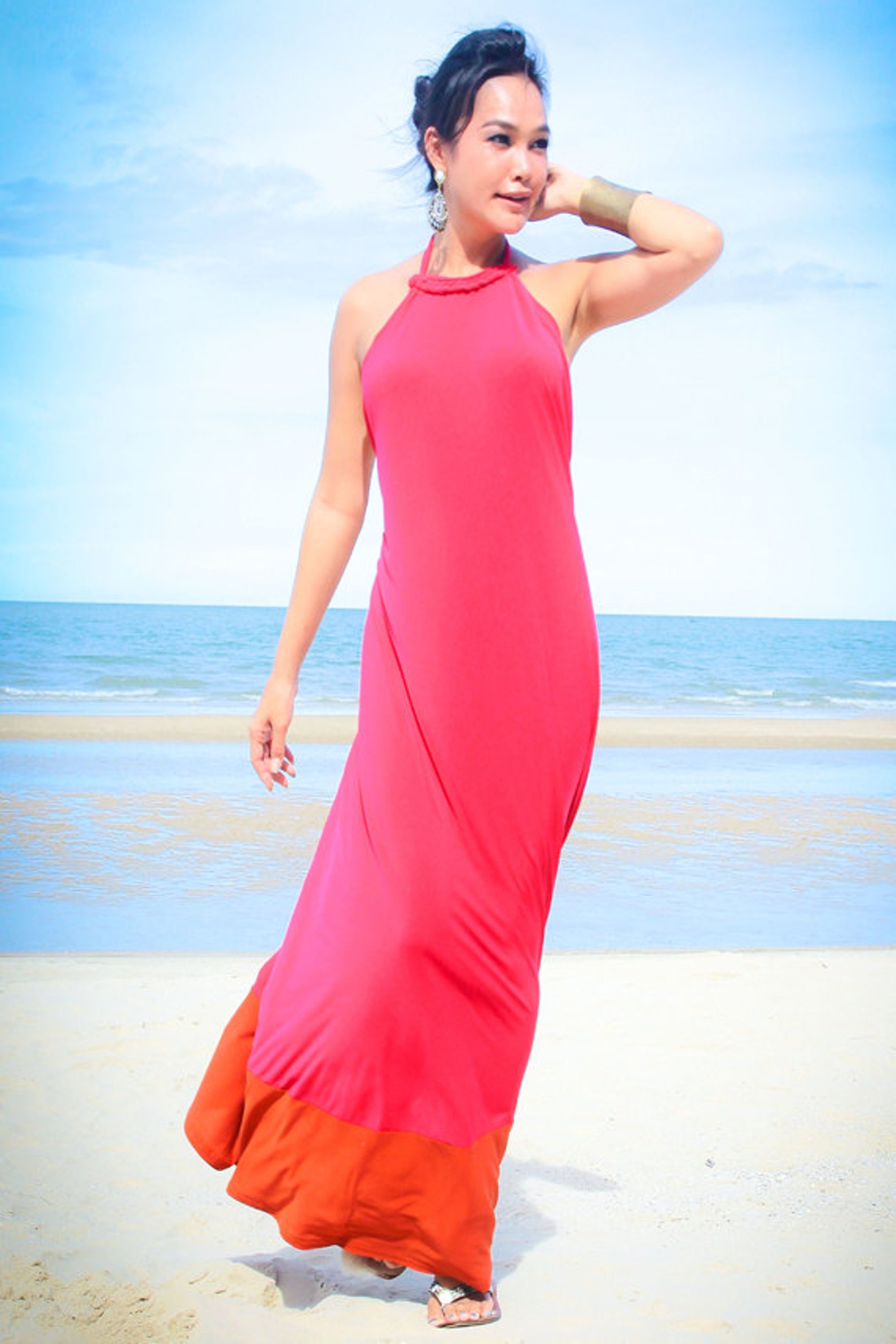 Color Block Pink Orange Halter Open Back Long Maxi Dress Sun - Etsy