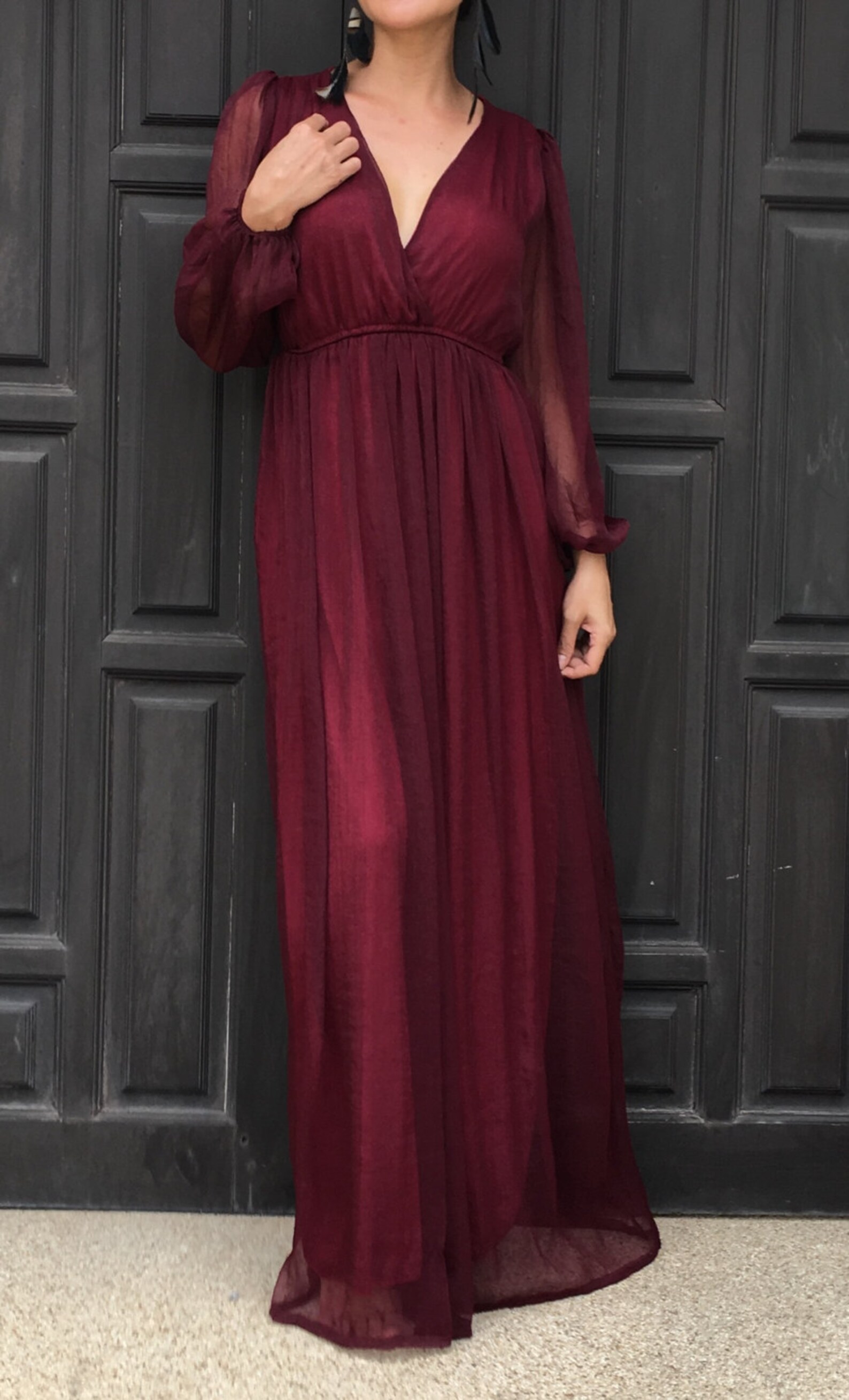 Red Burgundy Dress Chiffon Long Sleeve V Neck Long Maxi Dress Etsy