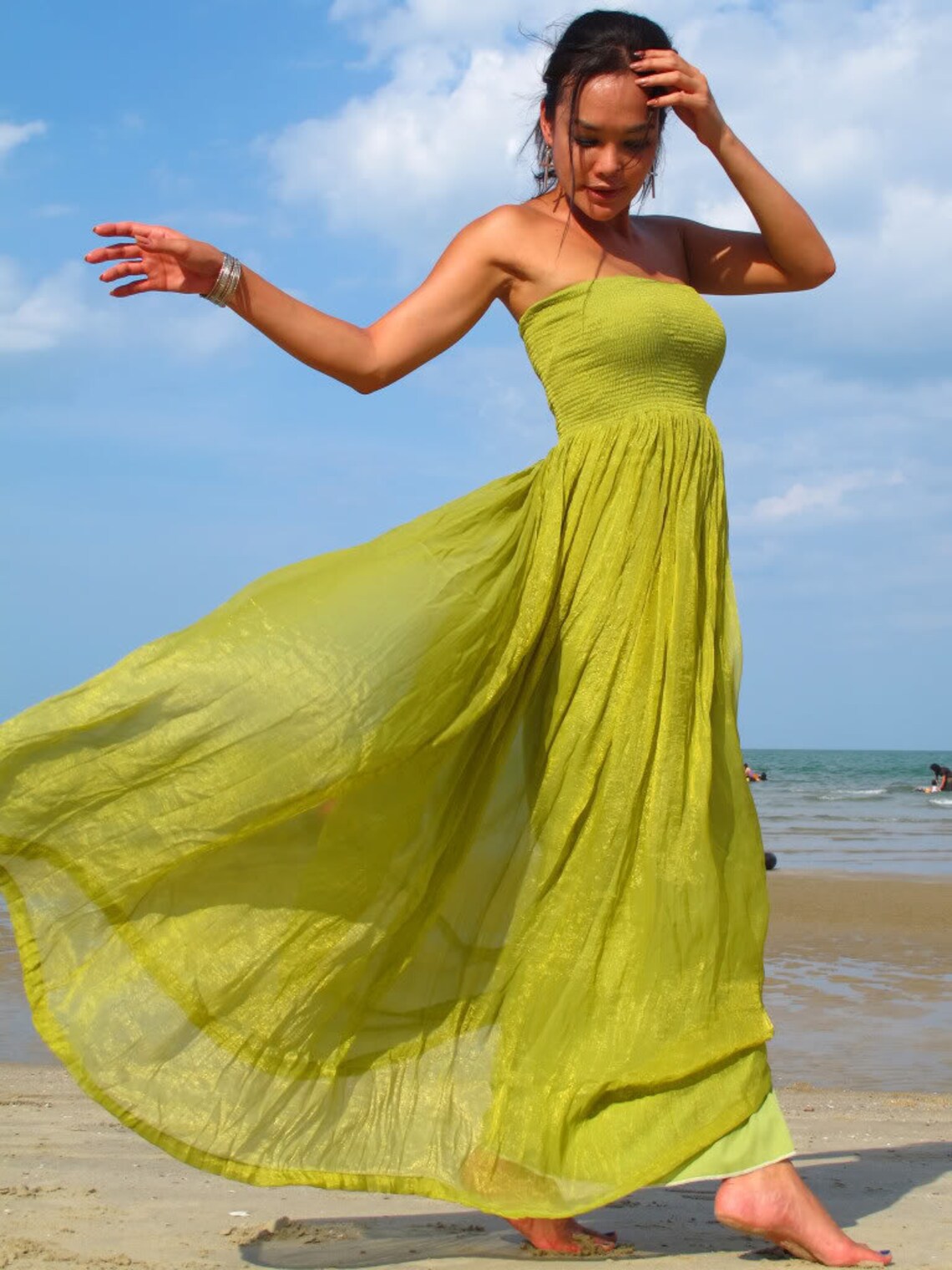 Olive green silk chiffon Strapless Beach evening long maxi | Etsy