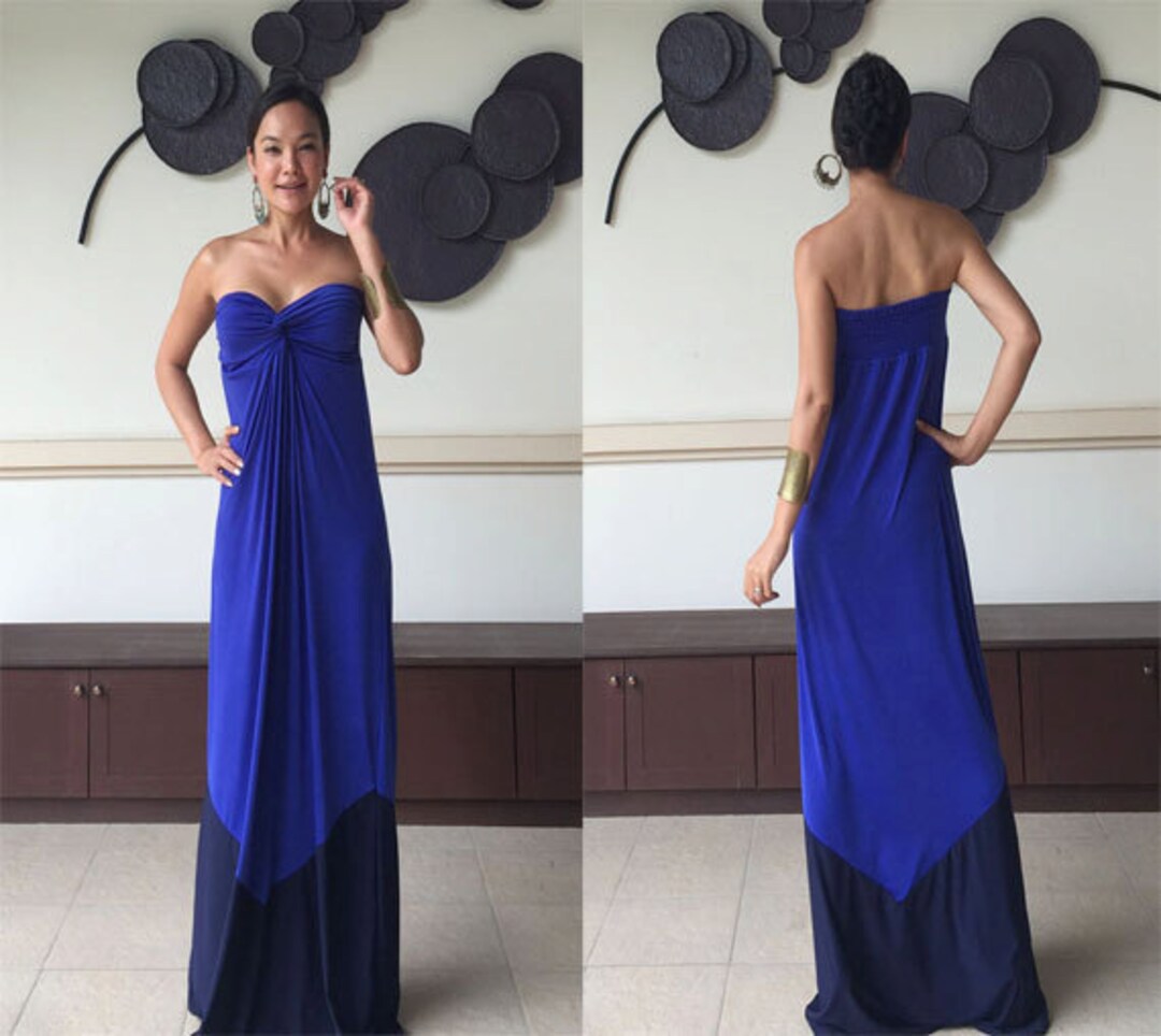 Color Block Royal Blue Navy Blue Strapless Beach Evening Long Maxi Sun ...