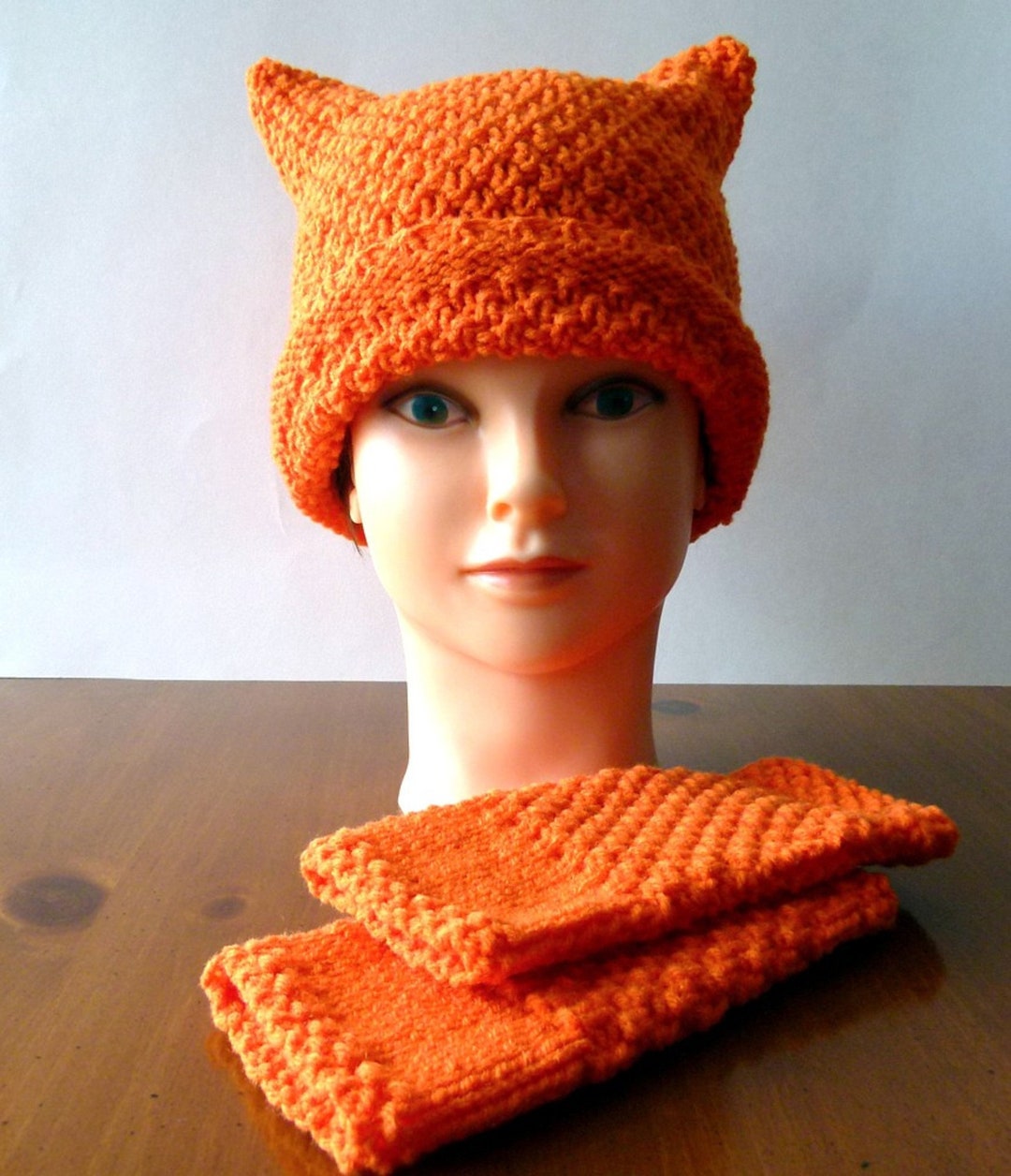 Adult Cat Hat, Scarf and Glove Set, Color Soft Pumpkin, Kitty Hat and ...