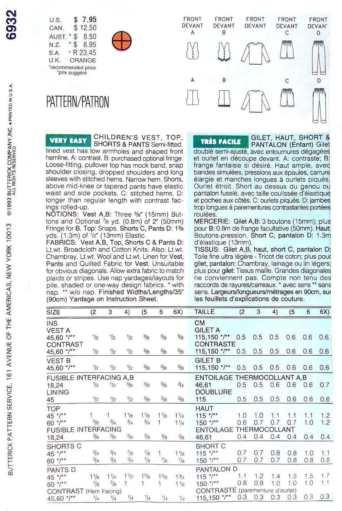 Butterick 6932 UNCUT Sizes 5 6 & 6X Girls and Boys Vest Top | Etsy