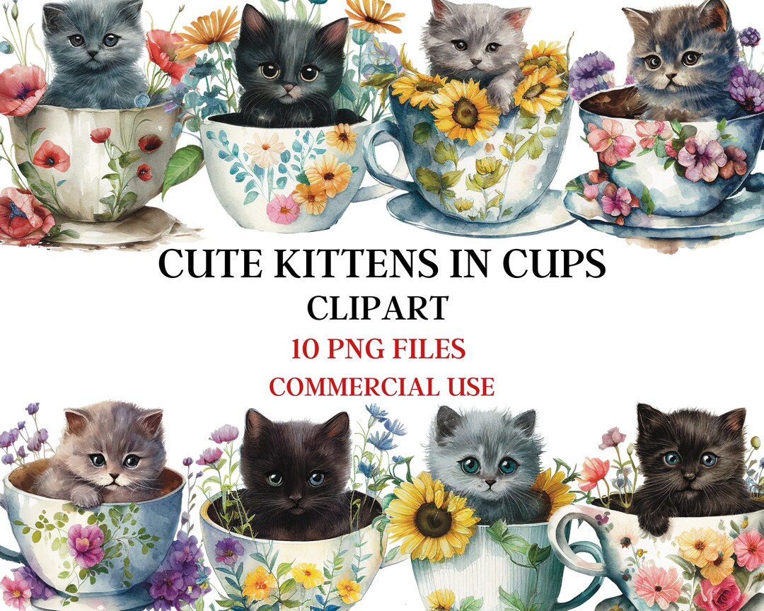 10 Cute Kittens in Cups Clipart Watercolor Clipart Cat Art - Etsy