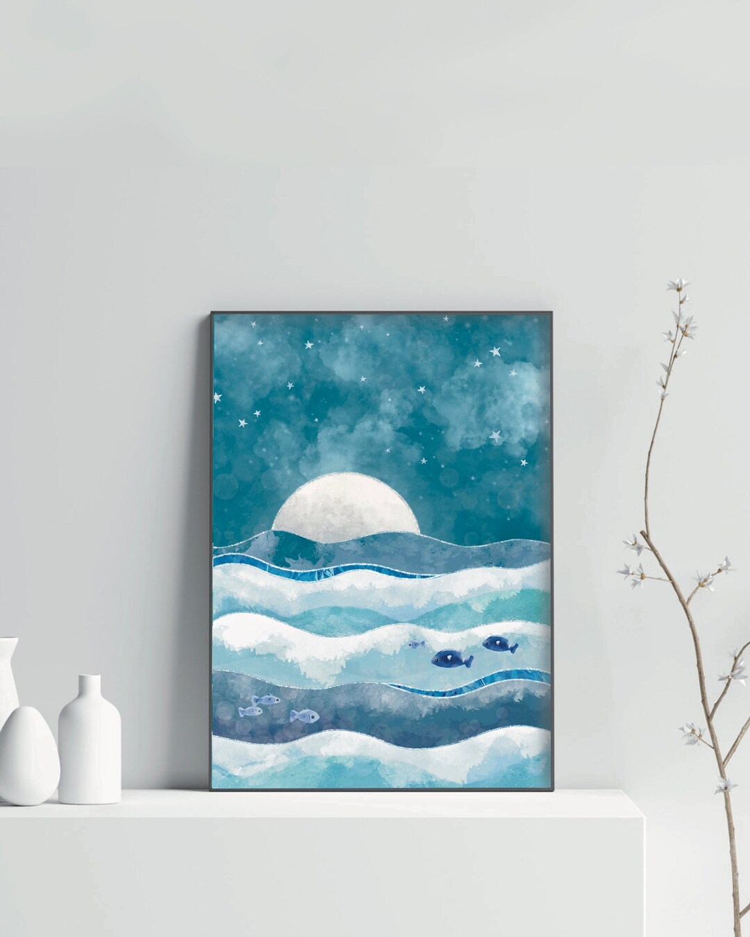 Instant Download Cute Moon Night Art Blue Ocean Art Blue - Etsy
