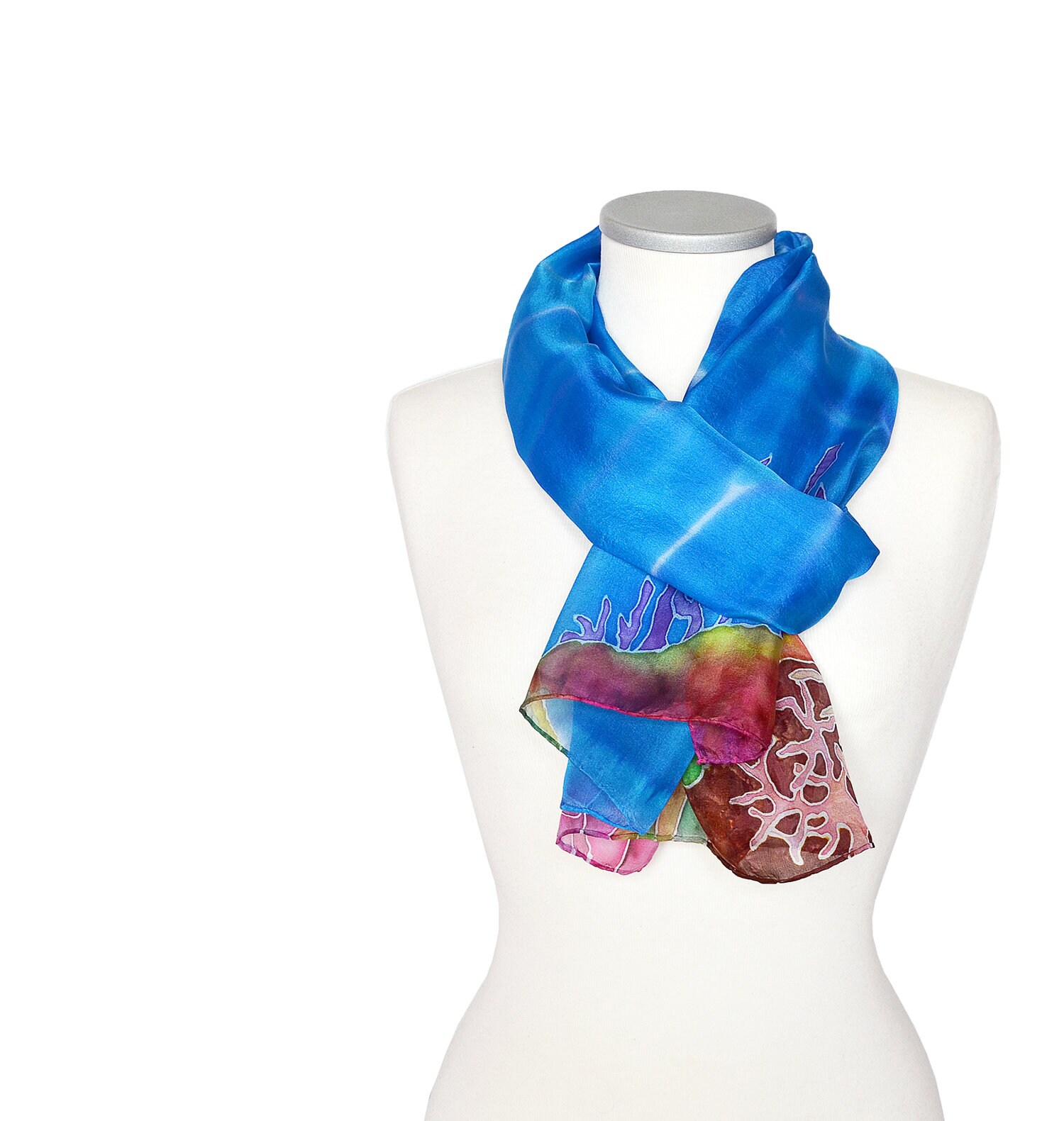 Hand Painted Blue Silk Scarf With Sea Horse Underwater Life - Etsy