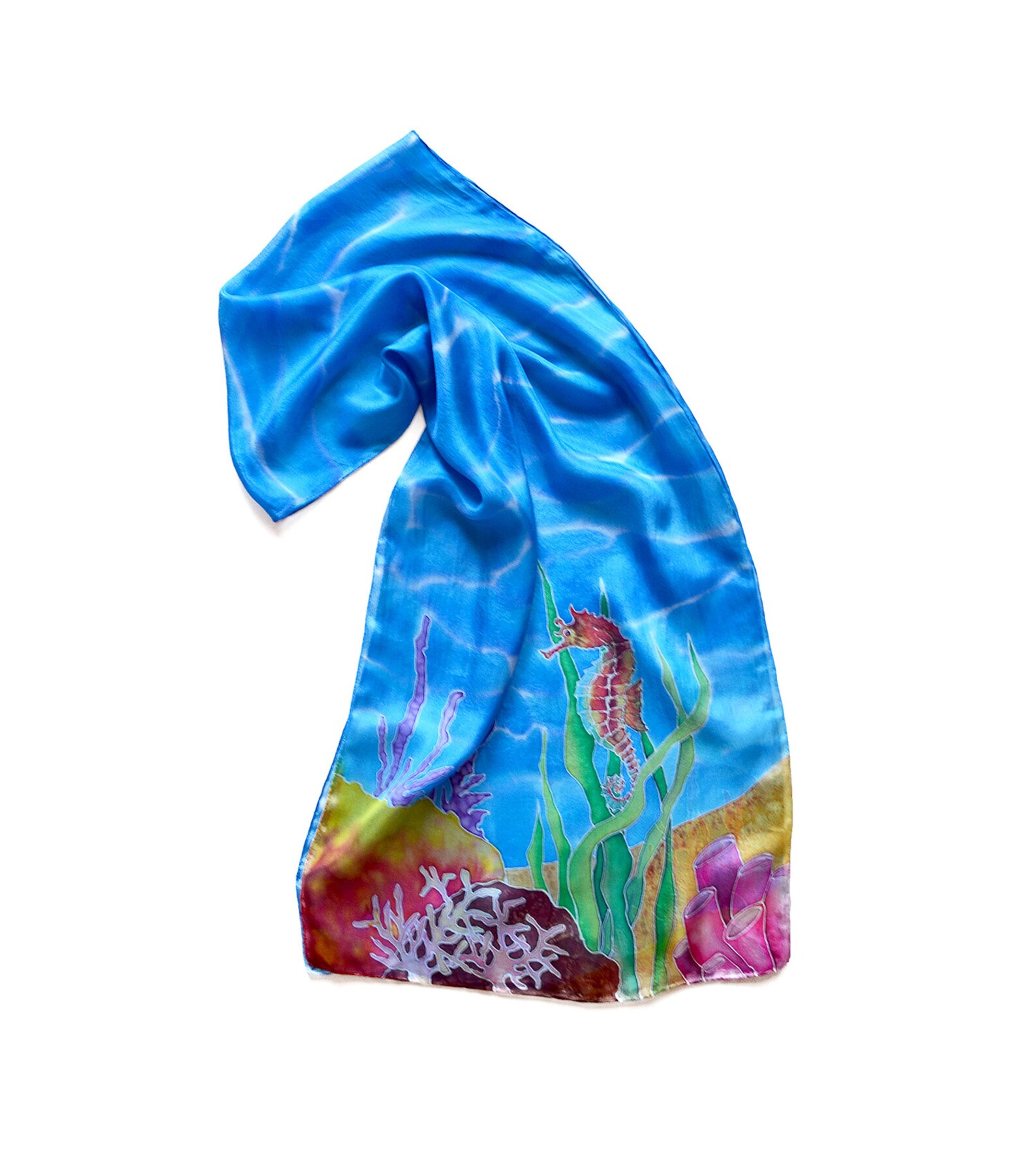 Hand Painted Blue Silk Scarf With Sea Horse Underwater Life - Etsy