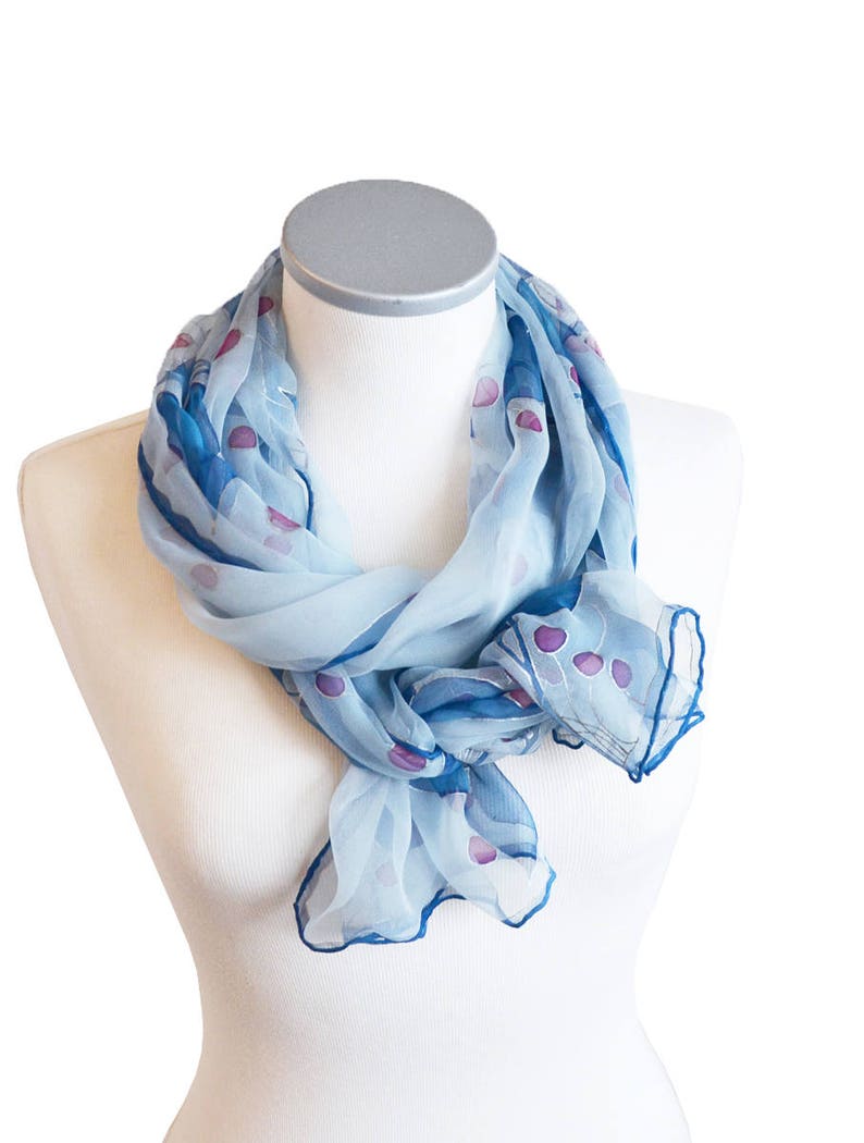 Blue Floral Silk Scarf Painted Berries Scarf Pastel Women Scarf Scarf ...