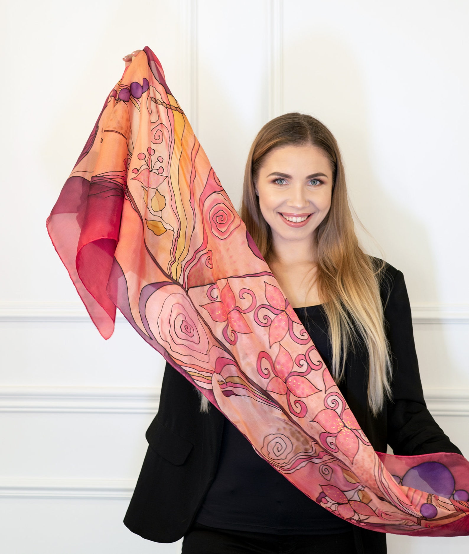 Feather Silk Scarf Hand Painted Scarf Burgundy Scarf Scarf for Women ...