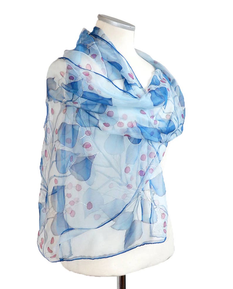 Blue Floral Silk Scarf Painted Berries Scarf Pastel Women Scarf Scarf ...