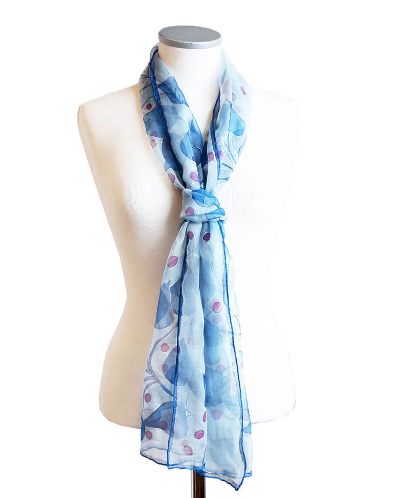 Blue Floral Silk Scarf Painted Berries Scarf Pastel Women Scarf Scarf ...