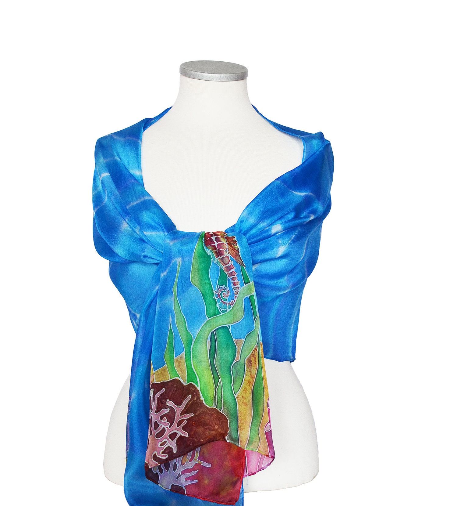 Hand Painted Blue Silk Scarf With Sea Horse Underwater Life - Etsy