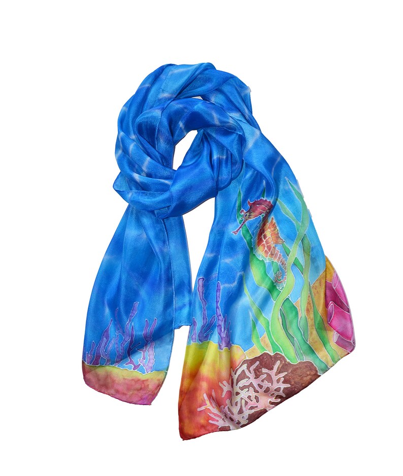 Hand Painted Blue Silk Scarf With Sea Horse Underwater Life - Etsy