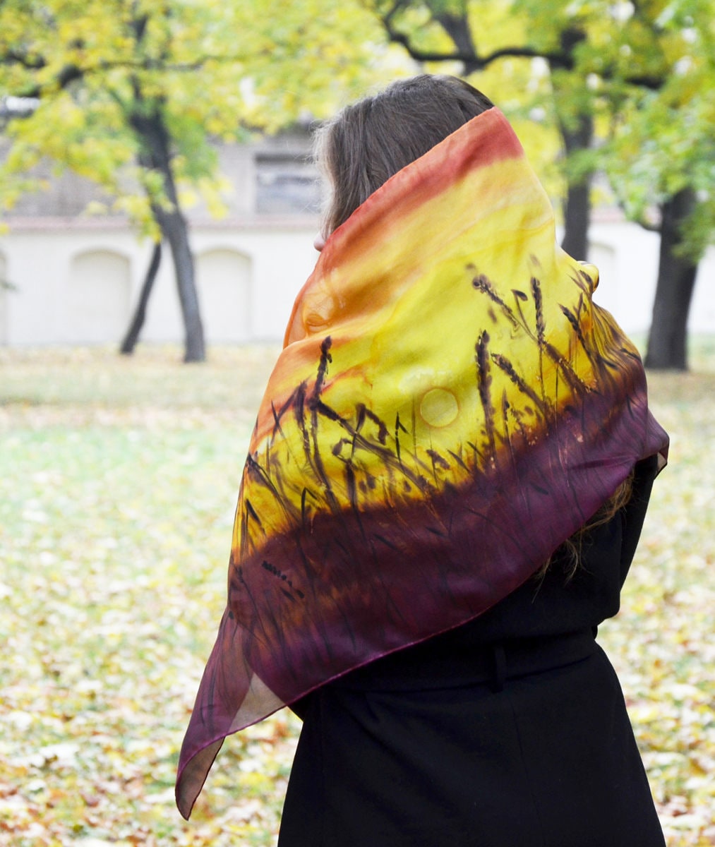 Hand Painted Silk Scarf Sunset Scarf Burgundy Silk Scarf - Etsy