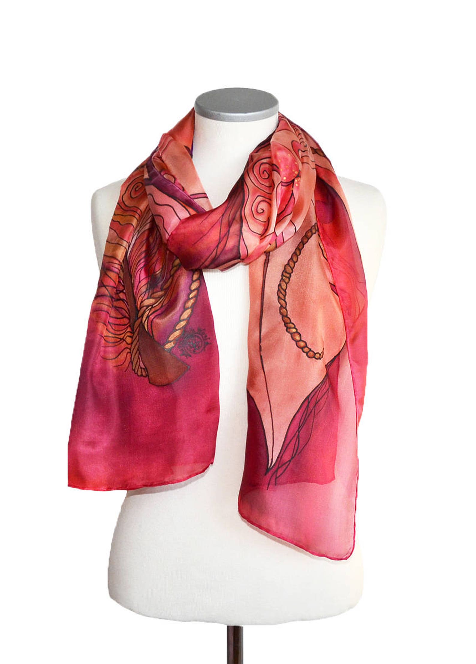 Feather Silk Scarf Hand Painted Scarf Burgundy Scarf Scarf for Women ...