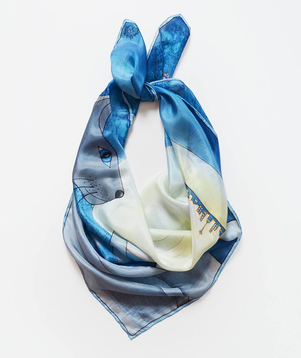 Cat Scarf Mothers Day Gift Blue Silk Scarf Scarf With Cat - Etsy