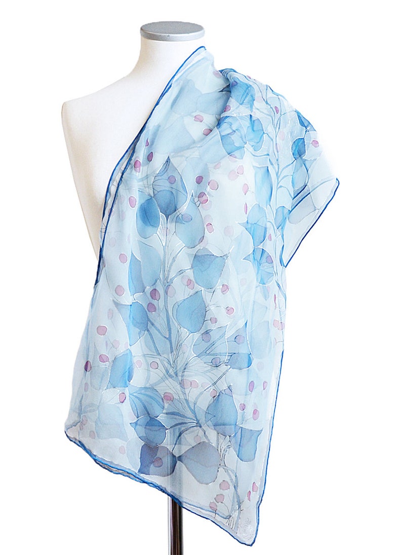 Blue Floral Silk Scarf Painted Berries Scarf Pastel Women Scarf Scarf ...