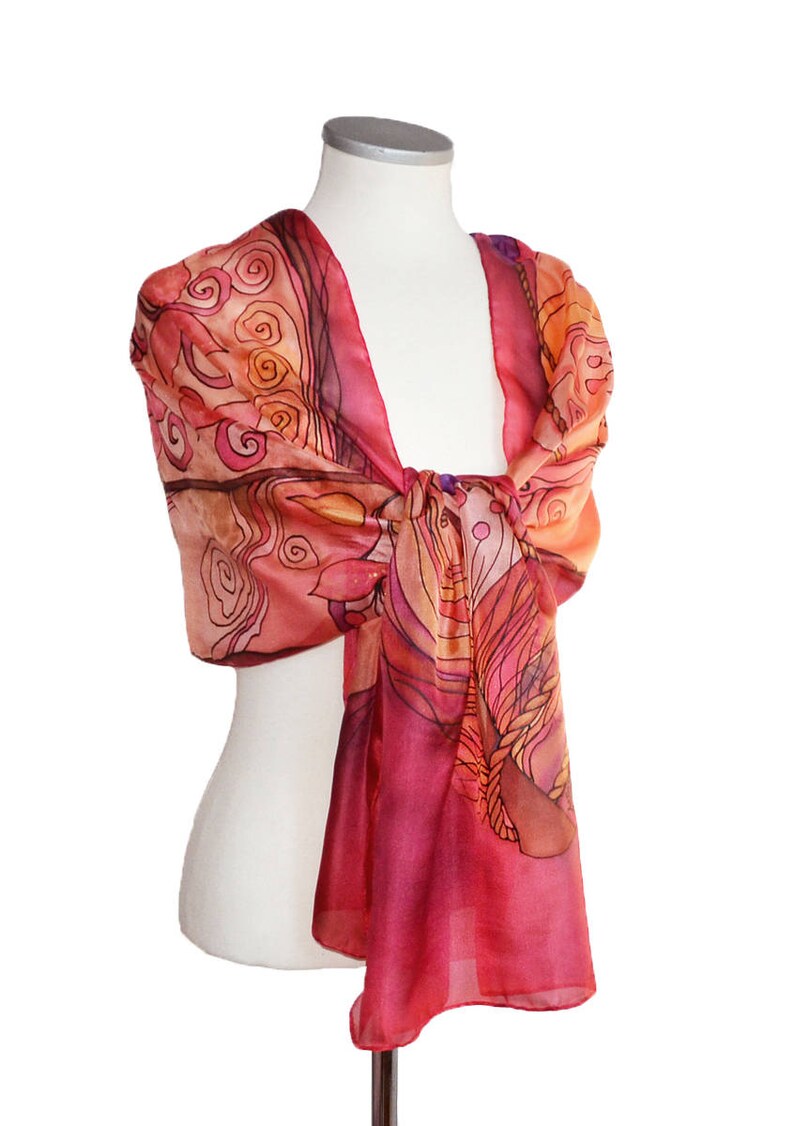 Feather Silk Scarf Hand Painted Scarf Burgundy Scarf Scarf for Women ...