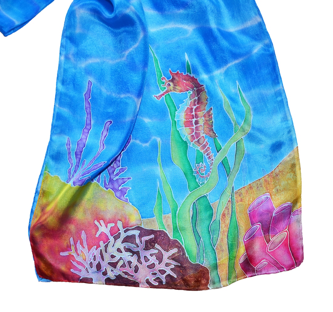 Hand Painted Blue Silk Scarf With Sea Horse Underwater Life - Etsy