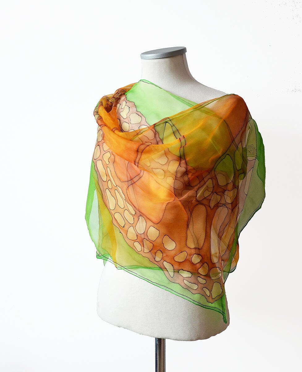 Butterfly Wings Scarf- Butterfly Scarf- Hand Painted Silk Scarf- Green ...