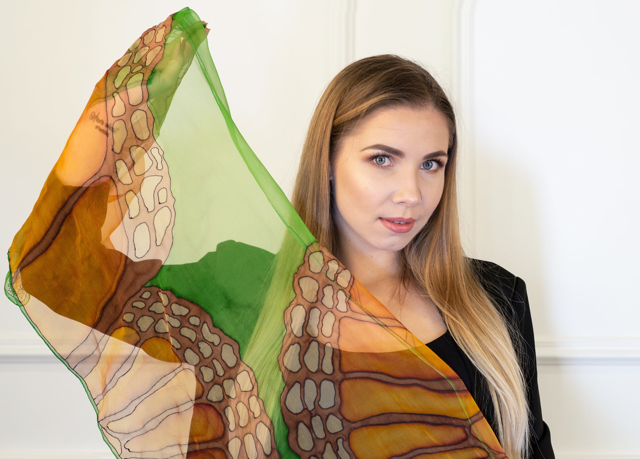 Butterfly Wings Scarf- Butterfly Scarf- Hand Painted Silk Scarf- Green ...