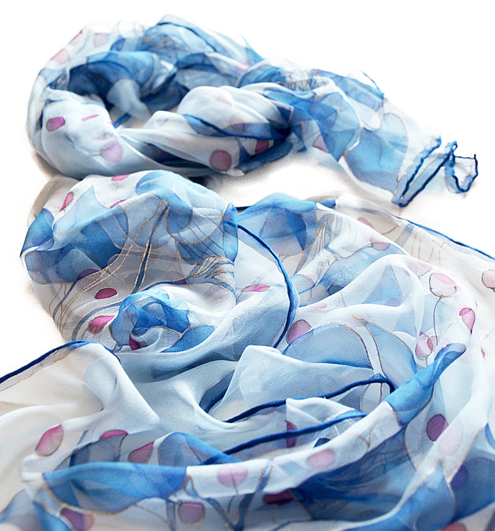 Blue Floral Silk Scarf Painted Berries Scarf Pastel Women Scarf Scarf ...